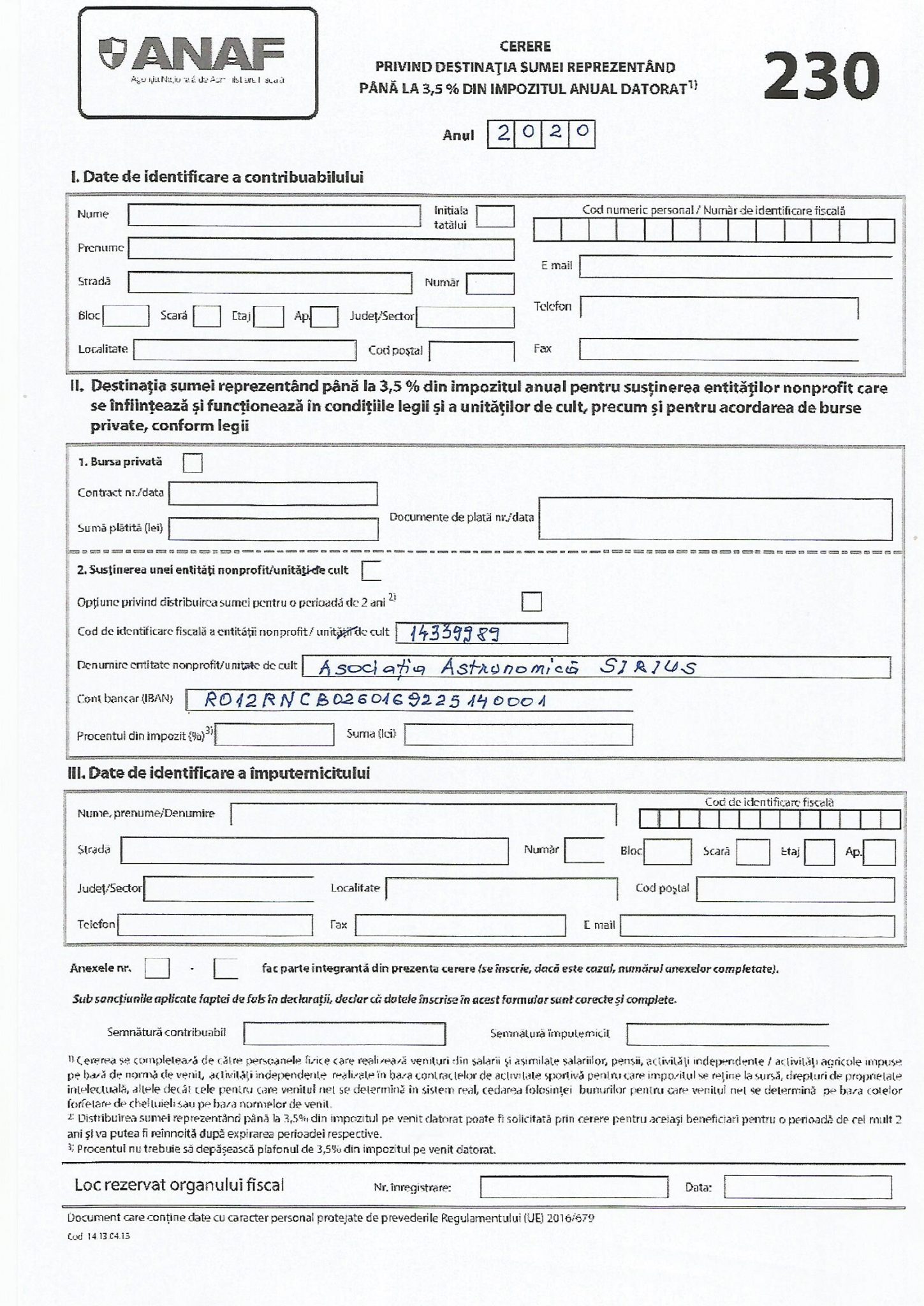 Formular 230 pentru redirectionarea a 3.5% din impozit | Astronomie si ...